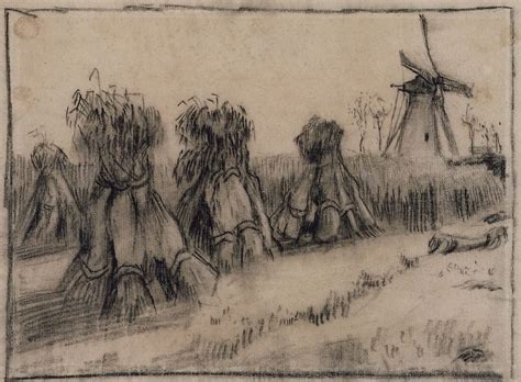 Пшеничное поле со снопами и мельницей картина — Винсент Ван Гог