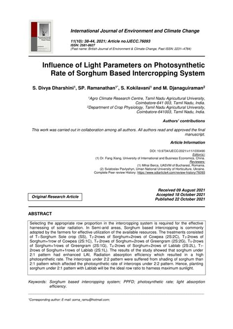 Pdf Influence Of Light Parameters On Photosynthetic Rate Of Sorghum Based Intercropping System