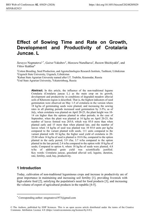 Pdf Effect Of Sowing Time And Rate On Growth Development And Productivity Of Crotalaria Juncae L