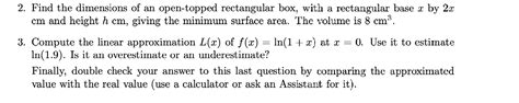 solved 2 find the dimensions of an open topped rectangular