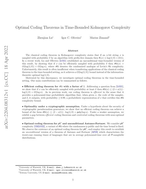 Pdf Optimal Coding Theorems In Time Bounded Kolmogorov Complexity
