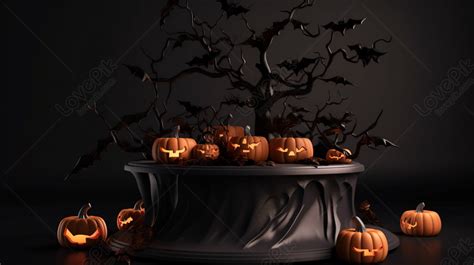 호박 박쥐 무서운 나무가 등장하는 으스스한 3d 디스플레이 스탠드로 할로윈 제품이나 광고를 홍보하세요 할로 배경 스탠 배경 무서운 배경 이미지 Hd 할로 스탠