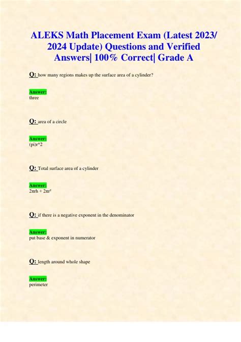 Aleks Math Placement Exam Latest 2023 2024 Update Questions And Verified Answers 100
