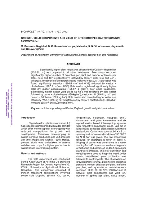 Pdf Growth Yield Components And Yield Of Intercrops In Nipped Castor Ricinus Communis L In
