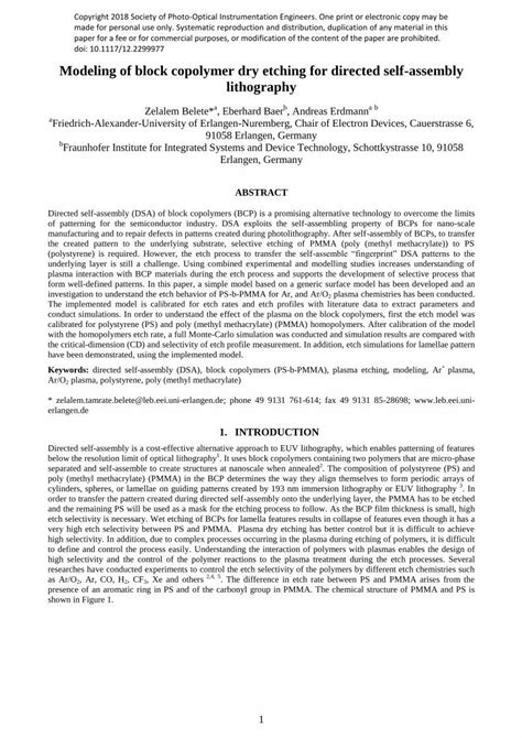 Pdf Modeling Of Block Copolymer Dry Etching For Directed Self