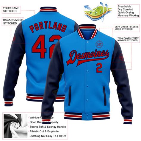 Custom Electric Blue Red Navy Bomber Full Snap Varsity Letterman Two