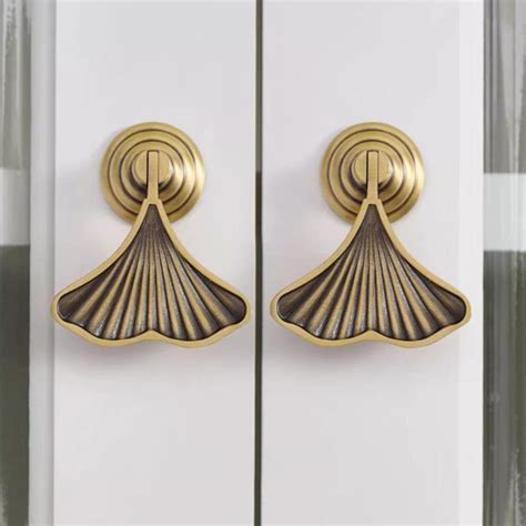 Ginkgo Leaf Pendant Drawer Pulls Brass Cabinet Drop Knobs Unique Leafy Vanity Handles Gold