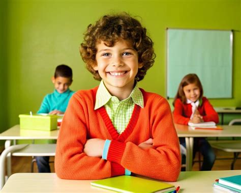 A Happy Student Poses In A Brightly Lit Classroom Premium Ai