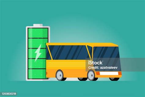 번개 아이콘과 노란색 전기 버스와 고전력 배터리 충전 에너지 표시기 현대 의 전기 자동차 기술과 에코 승객 운송 개념 벡터 전체 어큐뮬레이터 일러스트레이션 버스에 대한 스톡