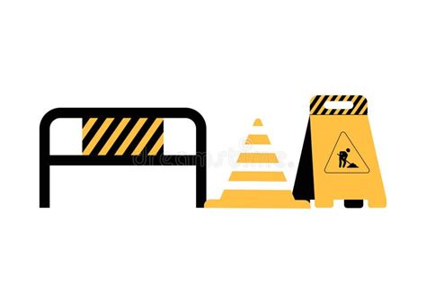 Construction Barriers And Warning Signs In Flat Vector Illustration