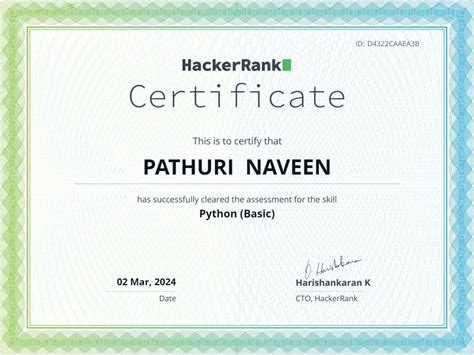 Certified In Pythonbasic Provided By Hackerrank Naveen Pathuri