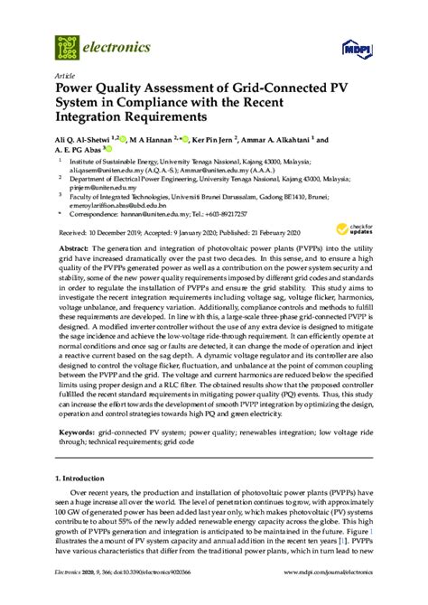 Pdf Power Quality Assessment Of Grid Connected Pv System In Compliance With The Recent