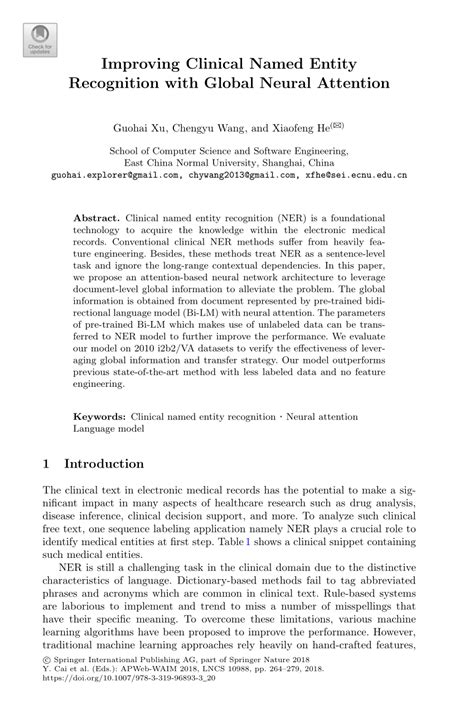 Pdf Improving Clinical Named Entity Recognition With Global Neural Attention Second