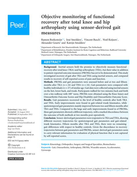 Pdf Objective Monitoring Of Functional Recovery After Total Knee And Hip Arthroplasty Using