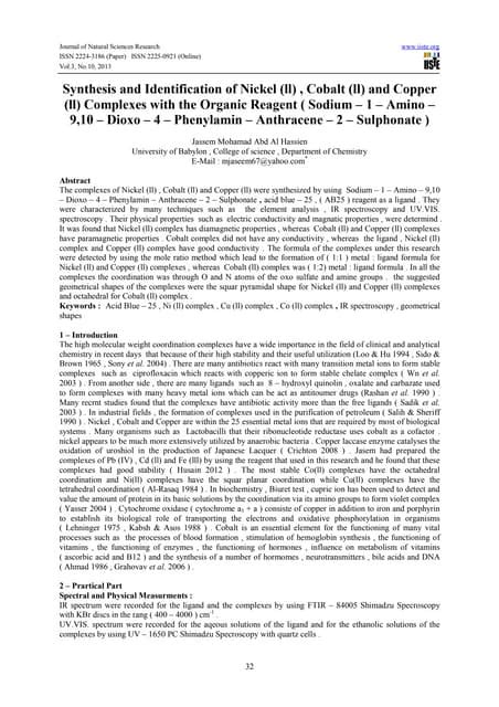 Synthesis And Identification Of Nickel Ll Cobalt Ll And Copper Ll Complexes With The