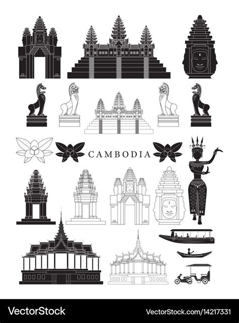 Cambodia Cultural Symbols Vector Image On Vectorstock In 2025 Cambodian Art Cambodia Map