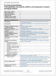 Raw Material Specification Template In Material Specification Raw Materials Food Safety