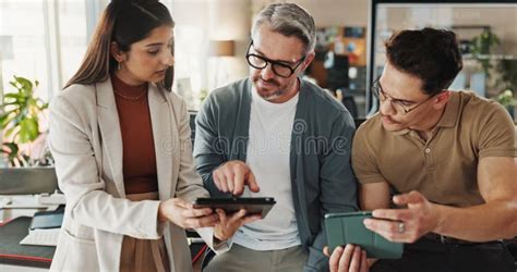 Coding People And Tablet In Office For Help Advice And Problem