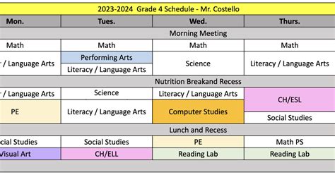 Grade 4 Weekly Schedule
