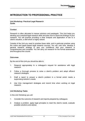 Ipp Ws Practical Legal Research Ce Task Exemplar INTRODUCTION TO PROFESSIONAL PRACTICE