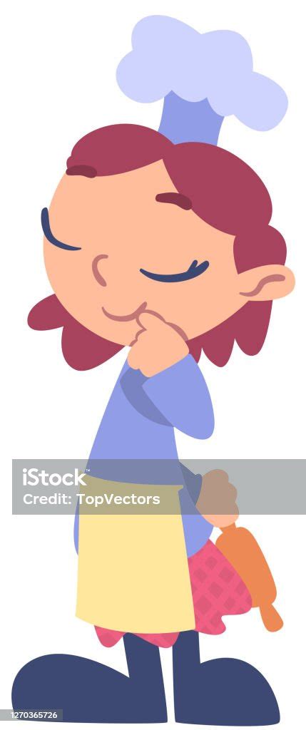 롤링 핀 흰색 모자를 쓰고 귀여운 어린이 밥솥 캐릭터와 부엌 만화 스타일 벡터 일러스트에 맛있는 음식을 요리 하는 소녀 요리사 요리사 가정 주방에 대한 스톡 벡터 아트 및