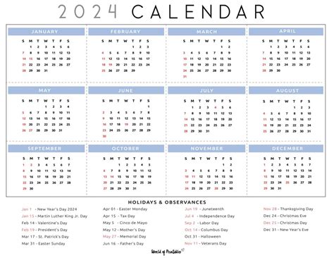 2024 Calendar With Holidays World Of Printables