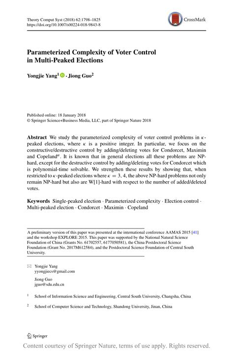Parameterized Complexity Of Voter Control In Multi Peaked Elections Request Pdf