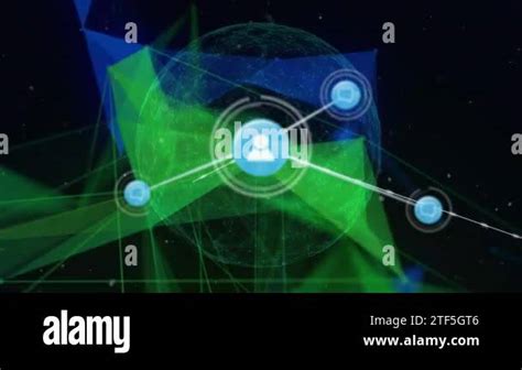Animation Of Profile Icons Connecting Dots With Blue And Green Geometric Shapes On Digital