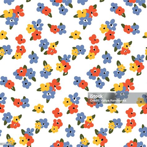 귀여운 꽃 무늬 작은 꽃과 잎과 매끄러운 패턴 흰색 배경에 빨간색 파란색 노란색 꽃과 자유 구성 심플한 작은 꽃 머리와 현대적인 배경 벡터 꽃 식물에 대한 스톡 벡터 아트