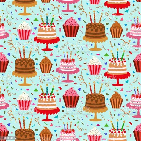 귀여운 생일 케이크 컵케이크 색종이 조각 패턴이 하늘색 배경에 있다 달콤한 음식에 대한 스톡 벡터 아트 및 기타 이미지 달콤한 음식 디저트 토핑 딸기 Istock