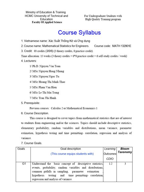 Syllabus Mathematical Statistics For Engineersclc Pdf Probability