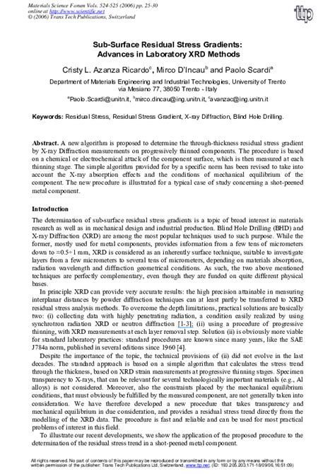 Pdf Subsurface Residual Stress Gradients Advances In Laboratory Xrd