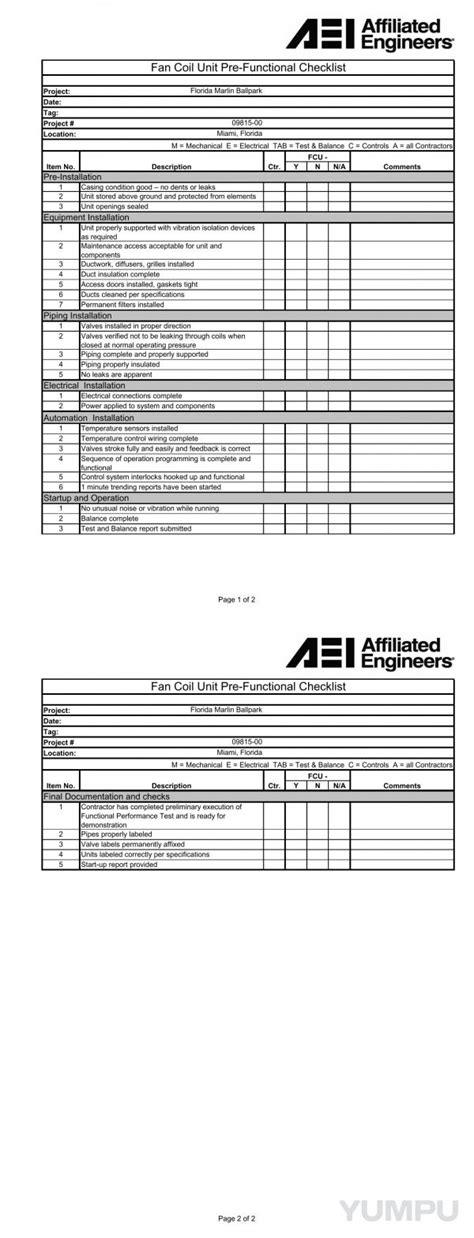 Fan Coil Unit Pre Functional Checklist Magazine With 2 Pages Fan Coil Unit Pre Functional