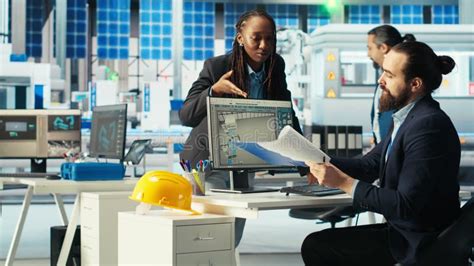 Solar Panels Plant Coworkers Doing Computer Simulations In Cad Program