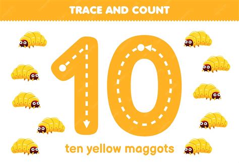 10개의 노란색 구더기 인쇄 가능한 버그 워크시트를 세는 어린이를 위한 교육 게임 프리미엄 벡터