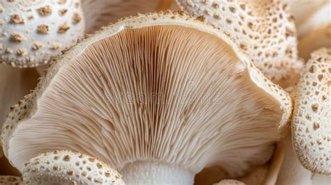 Close Up Of Agaricus Bisporus Gills Showing Details And Spore Formation In Natural Light Stock