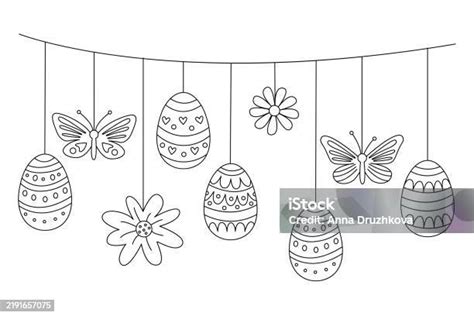 장식용 달걀 나비 꽃이 있는 부활절 화환 벡터 일러스트 레이 션 에서 손 그려진 낙서 스타일 검은 윤곽선 인사말 카드 초대장 계절 배너 및 색칠 공부에 적합합니다 갈란드
