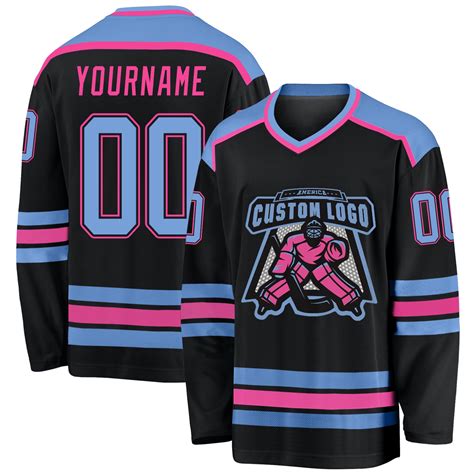 Custom Black Hockey Jersey Light Blue Pink Fansidea