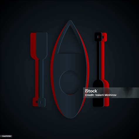 종이 는 검은 배경에 고립 된 카약과 패들 아이콘을 잘라 낚시와 관광을위한 카약과 카누 야외 활동 종이 아트 스타일 벡터 3차원 형태에 대한 스톡 벡터 아트 및 기타 이미지