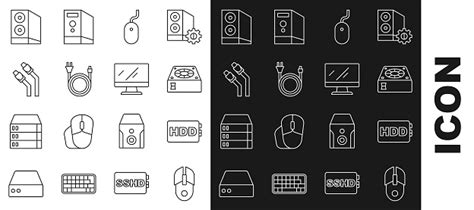세트 라인 컴퓨터 마우스 하드 디스크 드라이브 Hdd 쿨러 전기 플러그 Lan 케이블 네트워크 인터넷 컴퓨터 의 경우 및 모니터 화면 아이콘 벡터 검은색에 대한 스톡 벡터