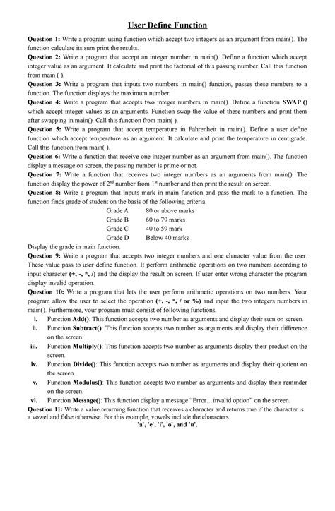 User Define Function User Define Function Question 1 Write A Program Using Function Which