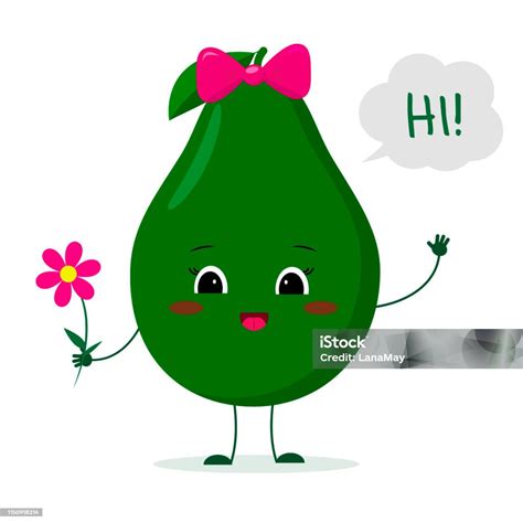 꽃을 들고 환영 하는 분홍색 활과 귀 엽 고 귀여운 아보카도 과일 만화 캐릭터 로고 템플릿 디자인입니다 벡터 일러스트 레이 션 플랫 스타일 감정에 대한 스톡 벡터 아트 및