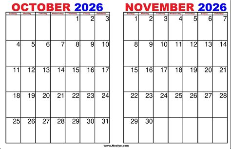 October And November 2026 Two Months Calendar