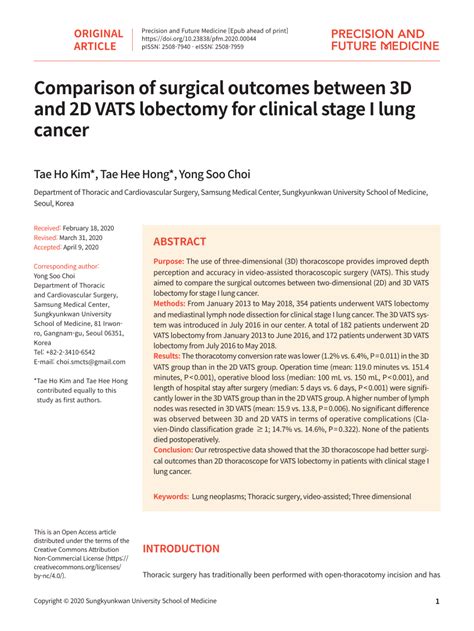 Pdf Comparison Of Surgical Outcomes Between 3d And 2d Vats Lobectomy For Clinical Stage I Lung