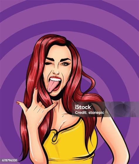 팝 아트 빈티지 광고 포스터 만화 소녀 연설 거품 예쁜 여 자가 혀와 로큰롤 기호 표시 경외감에 대한 스톡 벡터 아트 및 기타 이미지 경외감 팝 아트 핀업걸 Istock