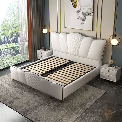 Milky White Modern Platform Bed With Curved Headboard And Footboard In