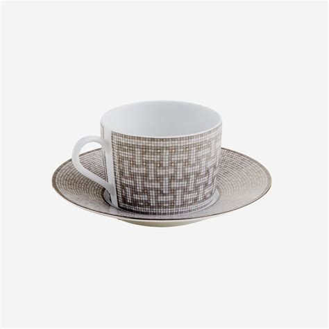 에르메스 모자이크 오 24 티 컵 And 소서 플래티넘 2개 세트 Hermes Kream