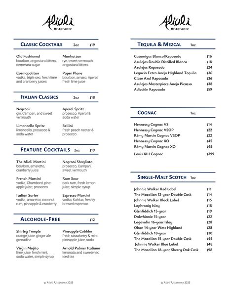 Alioli Ristorante Drink Menu