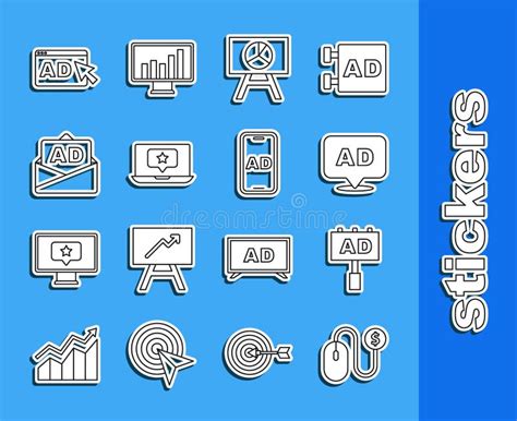 Set Line Advertising, Board with Graph Chart, Laptop Star, and Icon. Vector Stock Illustration ...