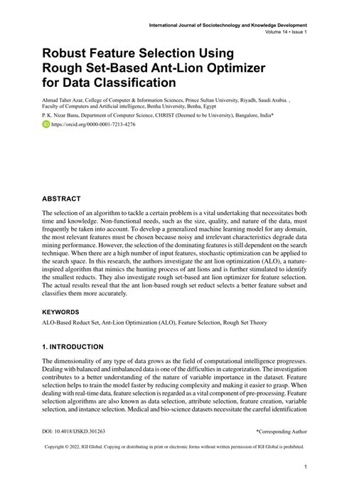 Pdf Robust Feature Selection Using Rough Set Based Ant Lion Optimizer For Data Classification